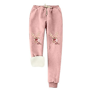 Womens Wide Leg Pants,Buffalo Plaid Print Sweatpants Women Baggy Xmas Print Drawstring Workout Active Joggers Reindeer Print Casual Straight Leg Running Sweatpants Pink XL