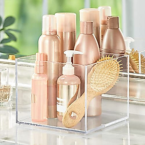 mDesign Makeup Organizer for Bathroom, Bedroom and Vanity Countertops, and Drawers; Storage Bins for Cosmetics, Brushes, Eyeshadow Palettes, Lipstick, Blush - Square - 3 Pack, Clear/Rose Gold