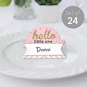 Big Dot of Happiness Hello Little One - Pink and Gold - Girl Baby Shower Tent Buffet Card - Table Setting Name Place Cards - Set of 24