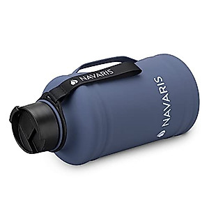 Navaris Half Gallon Water Bottle with Handle - Single-Walled 74 oz (2.2L) Stainless Steel Water Jug - Large Reusable Metal Drinking Bottle for Sports