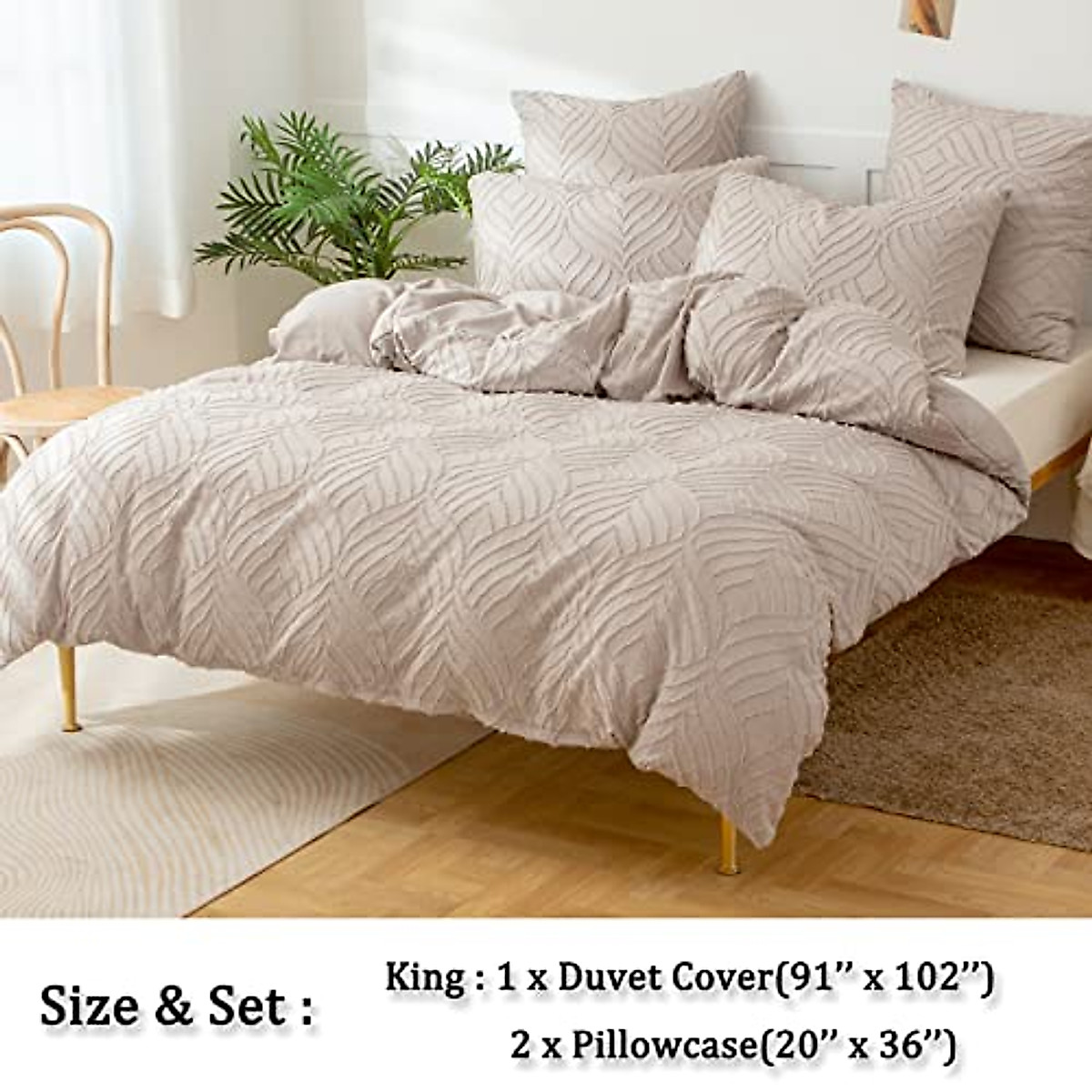 Warmarky Camel Leaf Shape Tufted Duvet Cover King(91''x 102'') Size Light-Weight, Textured Bedding Comforter Cover Set, 1pcs Duvet Cover & 2pcs Envelop Pillowcase(NO Comforter)