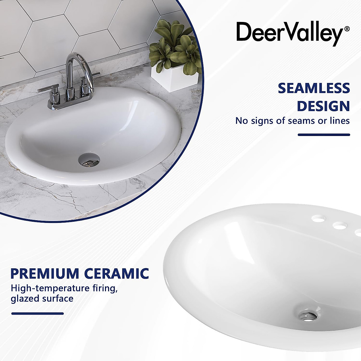 Bathroom Vessel Sink, DeerValley, 20”x17” Oval Ceramic Drop-in Sink for Bathroom White Vessel Sink Modern Art Basin Bathroom Sink with Overflow and Three Faucet Holes at 1.25”, DV-1DS0120