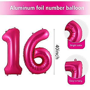 40 Inch Hot Pink 16 Number Balloons Big Giant Jumbo Bright Pink Number Balloon Large Foil Mylar Helium Dark Pink Digital Balloon Sweet 16th Birthday Anniversary Party Decorations Supplies for Girls