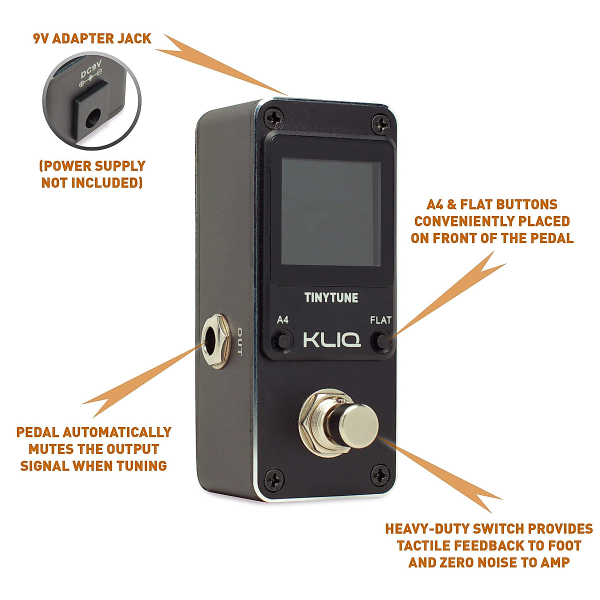 KLIQ TinyTune Tuner Pedal for Guitar and Bass and KLIQ Forte Wall-mount Instrument Hanger (Black) Bundle