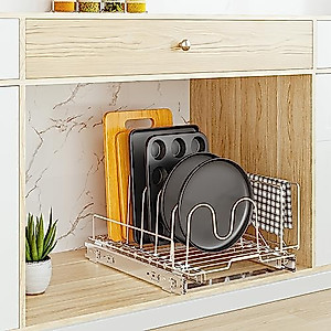 FANHAO Slide Out Cutting Board, Bakeware, and Tray Organizer, Wire Pull Out Kitchen Cabinet Organizer for Pots, Pans, and Lid Cookware, 13.5 inch wide x 17.7 inch deep – Chrome