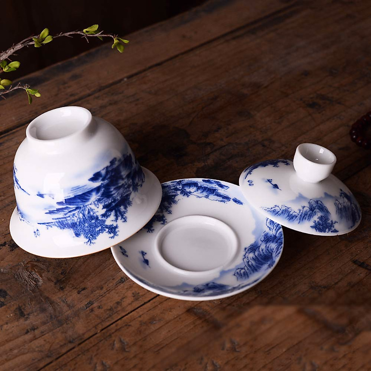 Jingdezhen Chinese Gaiwan Handmade 6.3oz/180ml Mountain Style China Blue and White Porcelain Gaiwan Kungfu Teacup Traditional Chinese Teaware Tea Set