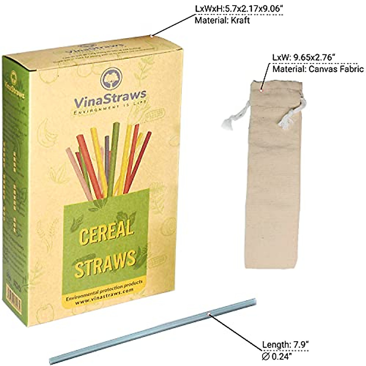 VinaStraws Biodegradable Cereal Straws, 150 pcs Multi Colorful Dringking Straw with Gift Canvas Bag, Eco Friendly Compostable, Alternative to Plastic Straws, Green