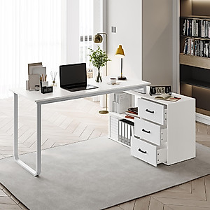 ARTPOWER 55" L Shaped Computer Desk with Storage Cabinet, Large Home Office Corner Desk with 3 Drawers and Shelf,Computer Table for PC Executive Writing Study Work,Reversible Gaming Desk, White