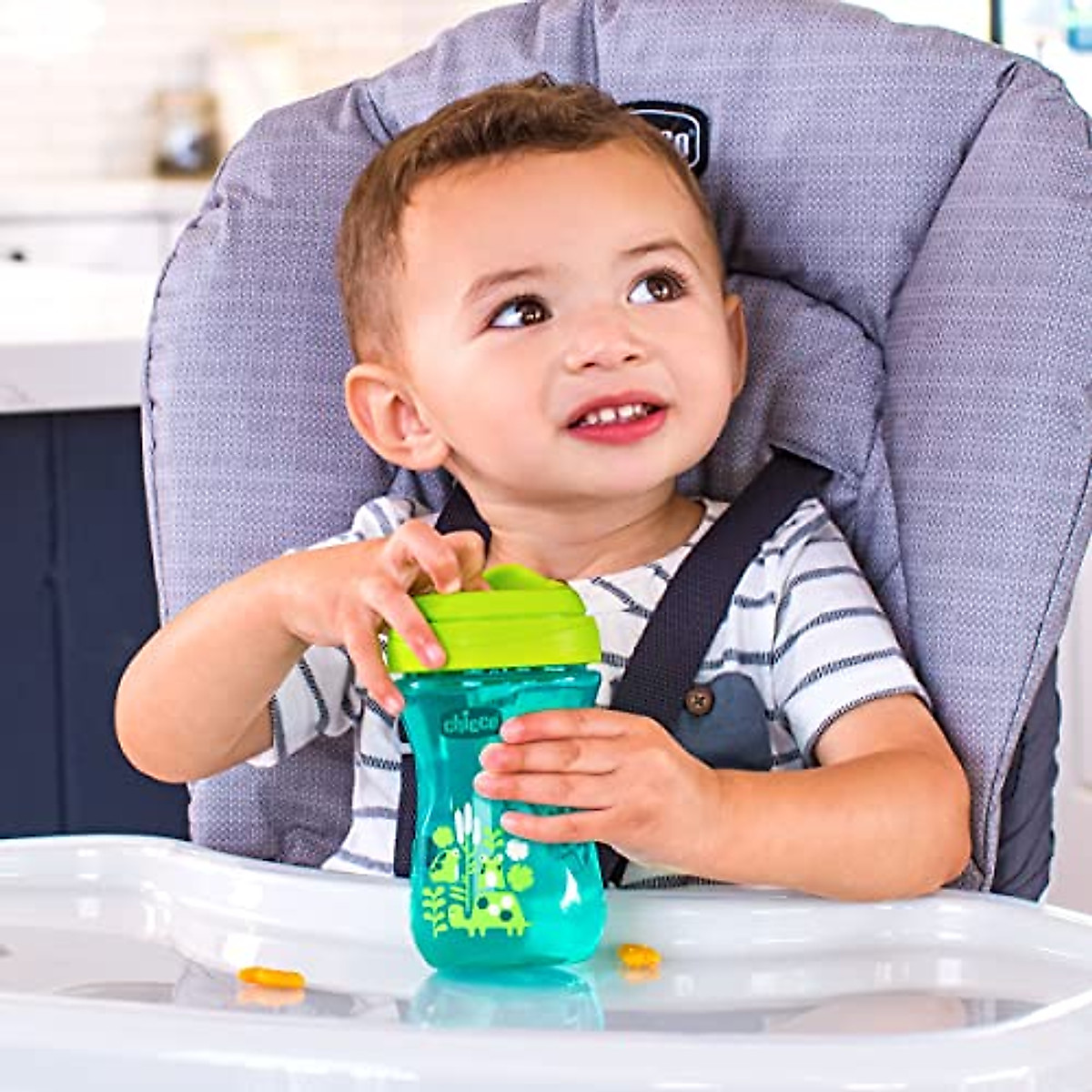Chicco Rim Spout Trainer Spill Free Bite Poof Rim Baby Sippy Cup 9oz, Blue/Teal, 9m+ (2pk)