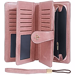 Long Wallets for Women PU Leather Credit Card Holder with Zipper Compartment Large Capacity Trifold Clutch Wristlet Multi Card Case Wallet (3-Pink)