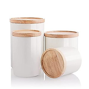 Sweejar Kitchen Canisters Ceramic Food Storage Jar Set, Stackable Containers with Airtight Seal Wooden Lid for Serving Ground Coffee, Tea, Herbs, Grains, Sugar, Salt - Set of 4 (White)