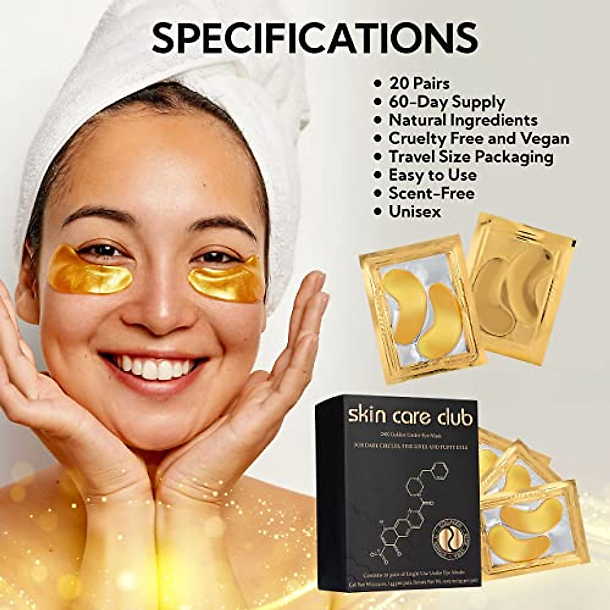 uniddis 24K Gold Under Eye Hydrogel Mask for Dark Circles, Fine Lines & Puffy Eyes | Infused with Collagen & Hyaluronic Acid | 100% Natural, Cruelty Free & Vegan | 20-PAIRS