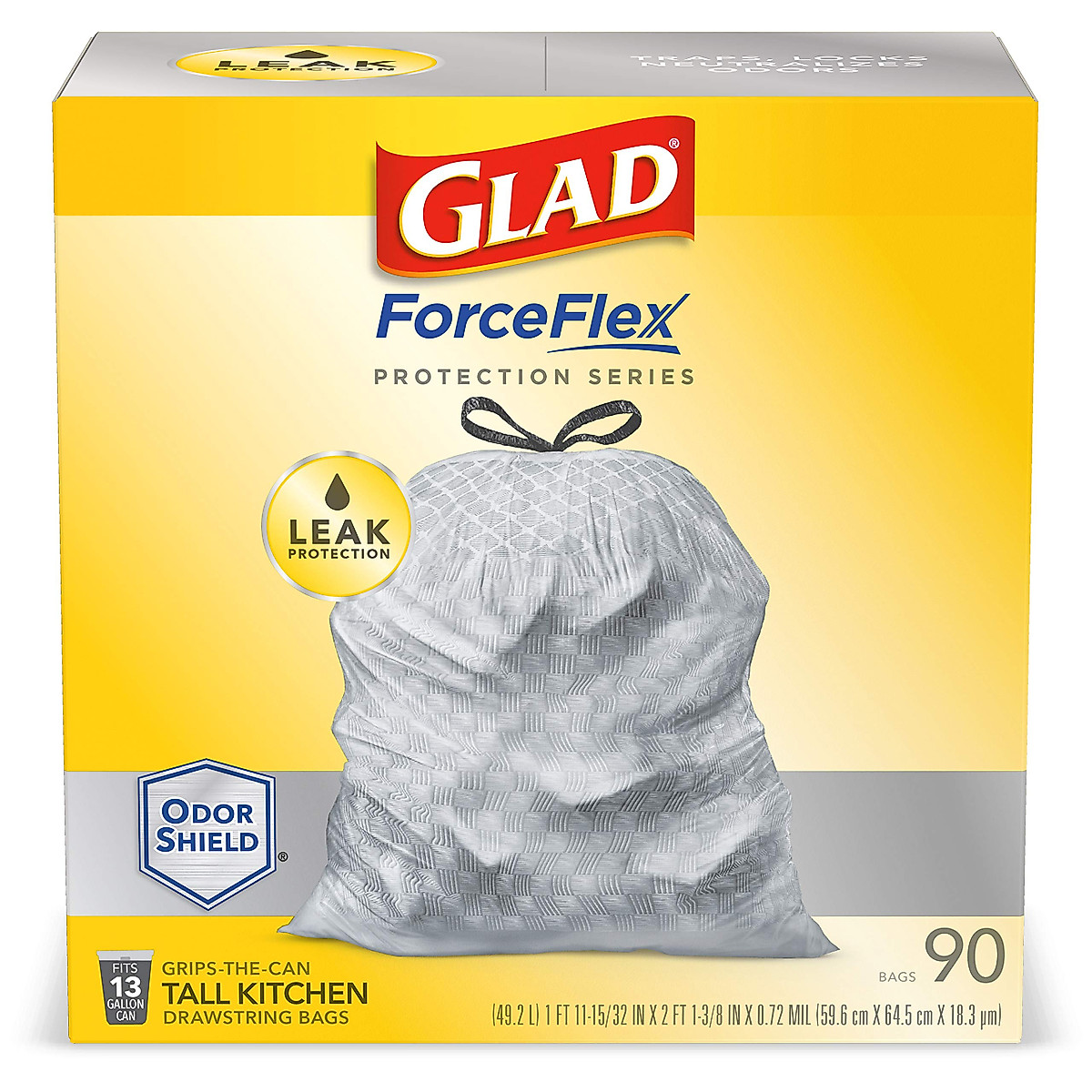 Glad ForceFlex Protection Series Tall Kitchen Trash Bags, 13 Gal, Unscented OdorShield, 90 Ct (Package May Vary)