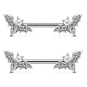 Jewseen Nipple Barbell 14g Nipple Piercing Bat Nipple Jewelry Sparkling CZ Nipple Ring Bar Halloween Body Piercing Jewelry