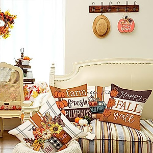 GEEORY Fall Pillow Covers 18 x 18 Inch Set of 4, Happy Fall Y'all Stripes Pumpkins Mason Jar Thankful Decor, Cushion Cases for Farmhouse Home Party Sofa Couch (Brown) G355-18