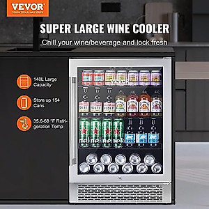 VEVOR Cooler 154 Cans Capacity Refrigerator Under Counter Built-in or Freestanding Beverage Fridge with Blue LED Light, Tempered Glass Door, Child Lock for Drink Soda Wine, Silver