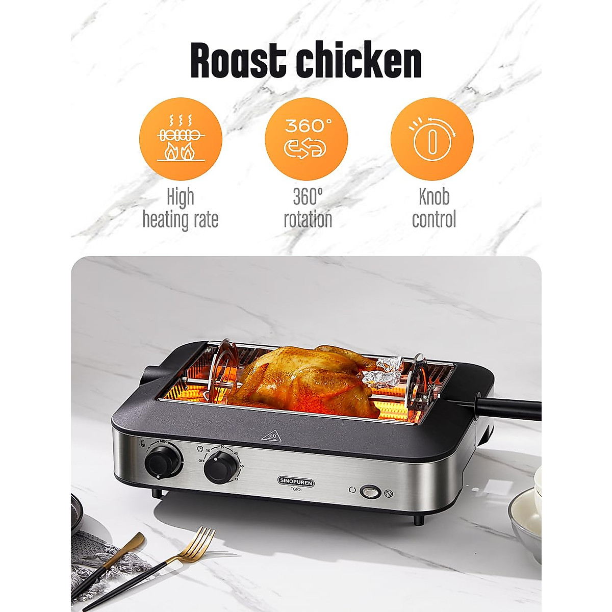 SINOPUREN Electric Grill TG101, Indoor BBQ Rotisserie, with Adjustable Temperature Control, Removable Grill & Griddle Nonstick Plates, 1600w Fast Heat Up, Stainless Steel, Dishwasher Safe