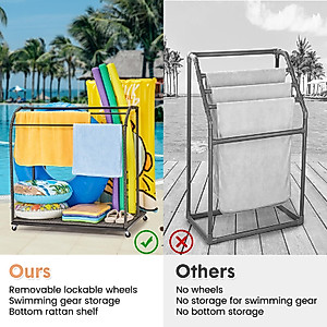 Flarhetoric Pool Towel Rack,Outdoor Pool Storage Rack with Rattan Base and 5 Towel Bars,Pool Float Storage with Compartments, Store Buoys, Pool Floats, Swimming Rings, Suitable for Outdoor/Indoor