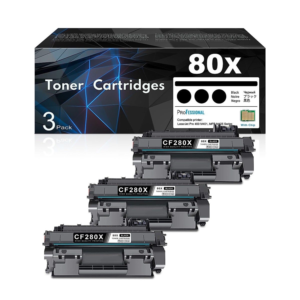 80X Black Toner Cartridge Compatible Toner Cartridge Replacement for HP 80X Toner Cartridge CF280X Used for Laser Pro 400 M401n, M401dn, M401dw, M401dne, M425dw, MFP M425dn Printer (New Chip, 3 Pack)