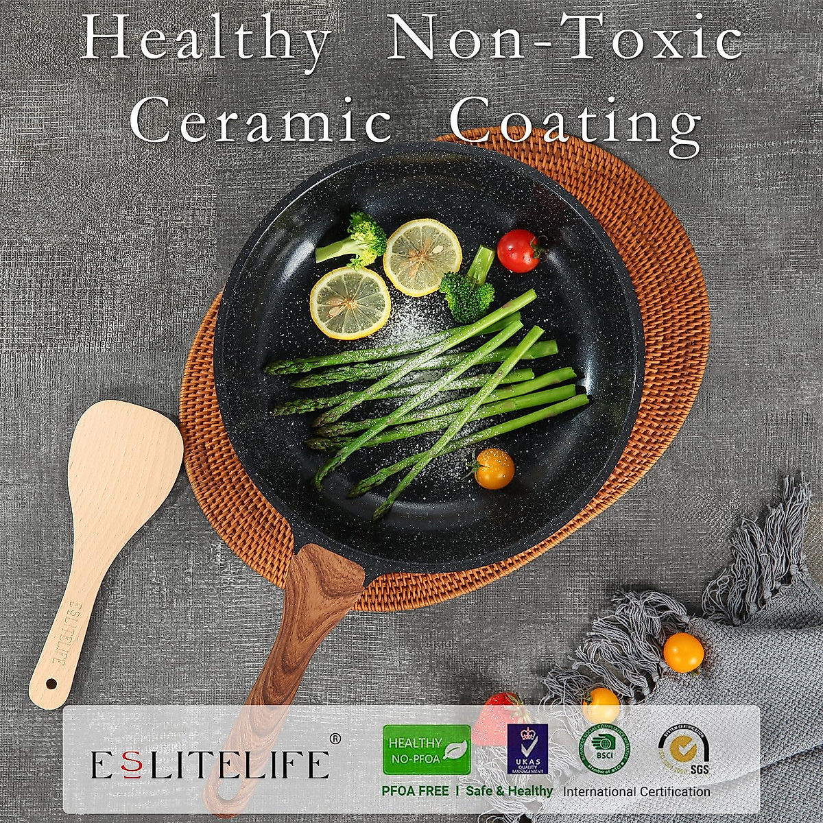 ESLITE LIFE Nonstick Ceramic Frying Pans Skillets Set, Non-Toxic Egg Omelette Kitchen Cooking Pans Compatible with All Stovetops (Gas, Electric & Induction), PTFE & PFOA Free (Black)
