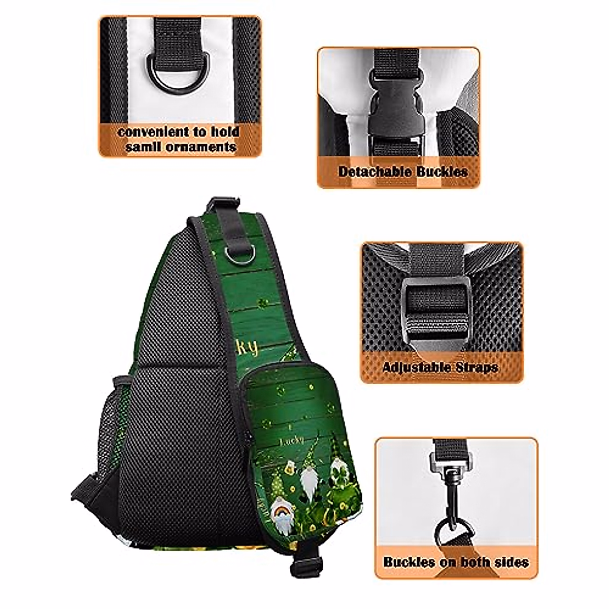 Sling Backpack, St.Patrick's Day Shamrocks Gnome Green Wood Grain Waterproof Lightweight Small Sling Bag, Travel Chest Bag Crossbody Shoulder Bag Hiking Daypack for Women Men