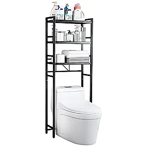 WCHOSOZH Bathroom Shelf Over Toilet, Telescopic Over The Toilet Space Saver with 6 Hooks, 3 Tier Freestanding Bathroom Organizer Storage Rack (Black)