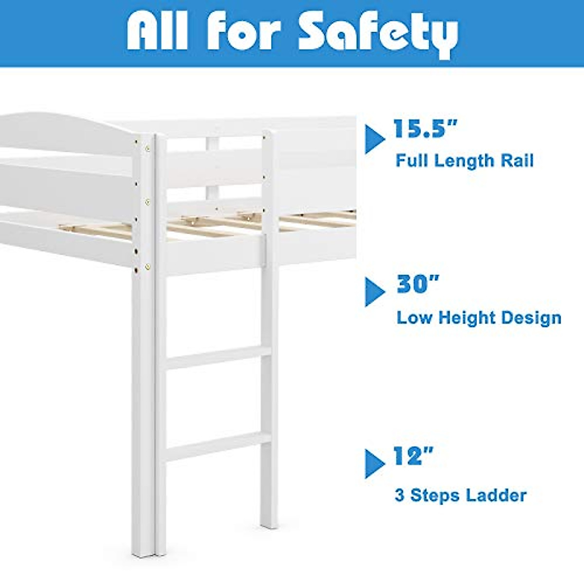Costzon Twin Loft Bed, Solid Wood Low Loft Bed w/Guard Rail and Ladder, Boys & Girls Twin Bed for Kids Room, No Box Spring Needed, Classic Children Low Loft Bed with Storage for Bedroom, White