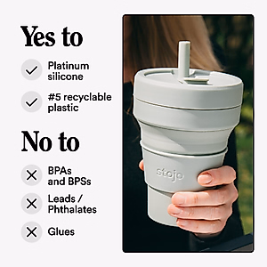 STOJO Titan Collapsible Travel Cup With Straw - Carnation Pink, 24oz / 710ml - Reusable To-Go Pocket Size Silicone Cup for Hot & Cold Drinks - Camping and Hiking - Microwave & Dishwasher Safe