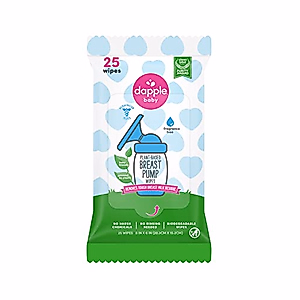 Breast Pump Wipes by Dapple Baby, 25 Count, Fragrance Free, Plant Based & Hypoallergenic Breast Pump Wipes - Removes Milk Residue, Leaves No Taste - Convenient Wipes Pouch
