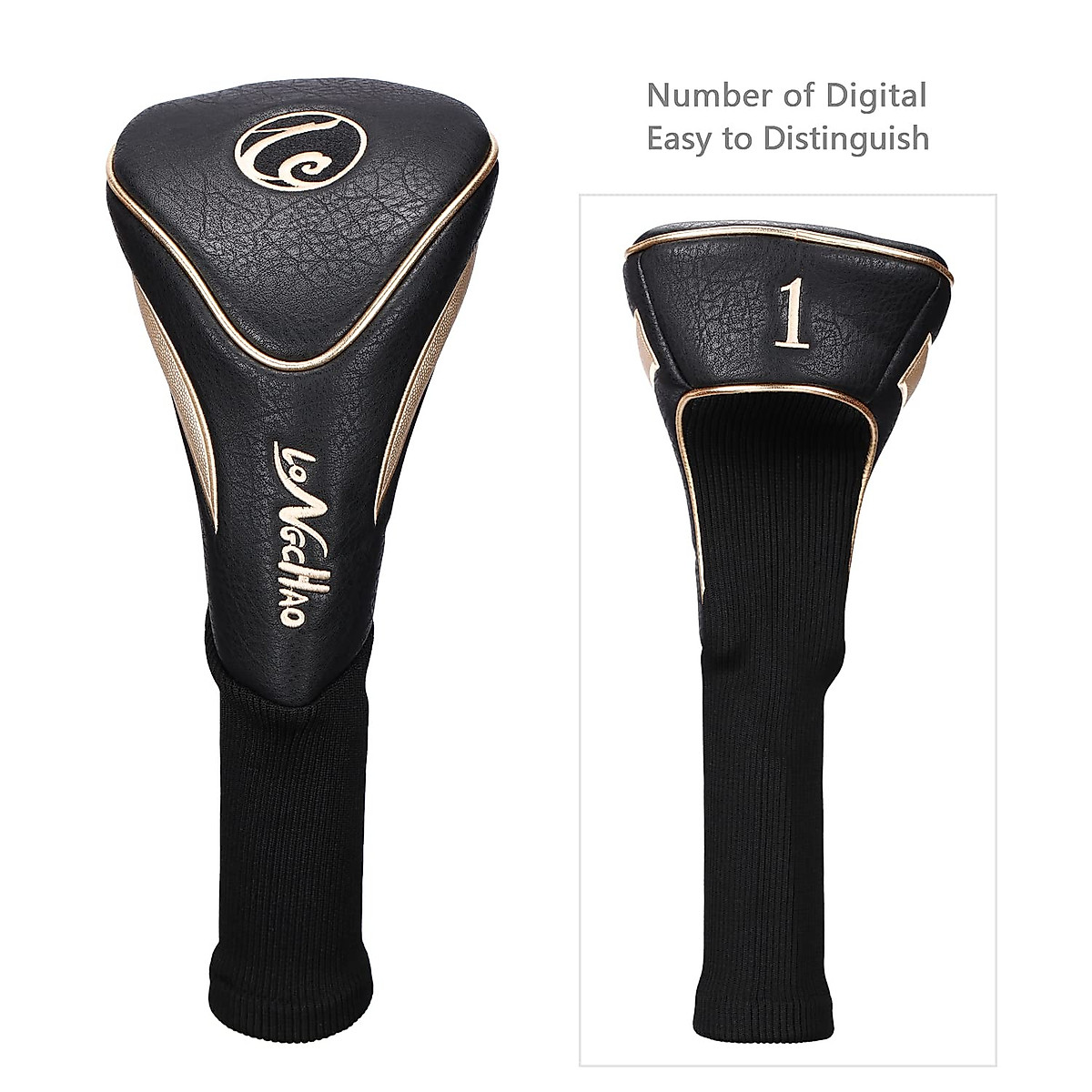 LONGCHAO Golf Head Covers 3pcs Set, Driver Fairway Wood Headcovers, Vintage PU Headcovers for Golf Club (golden-black)