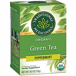 Traditional Medicinals Organic Green Tea Peppermint Herbal Tea, Alleviates Digestive Discomfort, (Pack of 3) - 48 Tea Bags Total