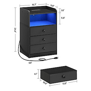 CHOEZON Nightstand with Charging Station and LED Light, Side Table with 3 Fabric Drawers Chest, End Table with USB Ports and Outlet, Bedside Table for Living Room, Bedroom, Black MBZ04UDBB