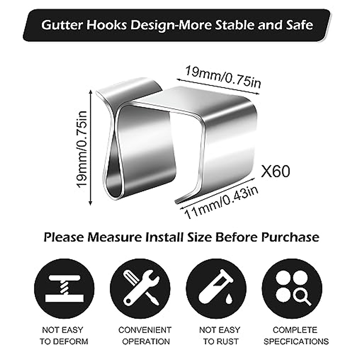 60PCS Metal Christmas Light Gutter Hooks Xmas Lights Hanging Clips Outdoor Seasonal Lighting Hooks Galvanized Holiday Light Clips Gutter Light Hangers Roof Hooks for Outdoor String Patio Lights