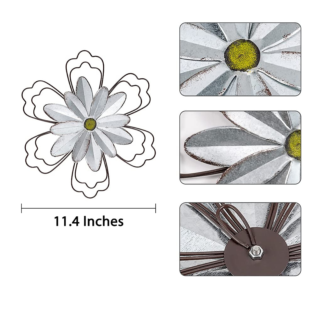 YEAHOME Metal Flower Wall Decor - 11 inch Wall Art Decorations Spring Yard Garden Rustic Farmhouse Home Decor Aesthetic for Bathroom, Bedroom, Kitchen, Outdoor Patio Garden Decor(Galvanized 1)
