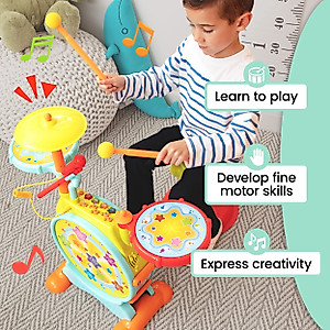 Prextex Kids Drum Set - Toddler Drum Set Includes Toy Microphone, Adjustable Sound Bass, Electric Drums & Drum Sticks (for Ages 3-6)