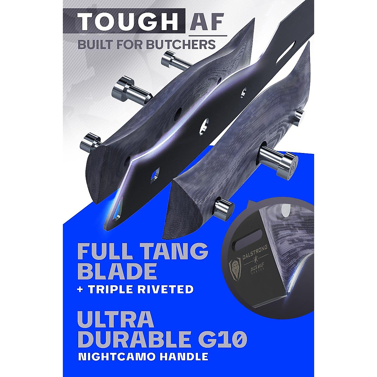 Dalstrong Butcher Knife - 10 inch - Delta Wolf Series Knife - Ultra-Thin & Zero Friction Blade - HC 9CR18MOV Steel - Black Titanium Nitride Coating - Breaking Knife - G10 Camo Handle - Leather Sheath