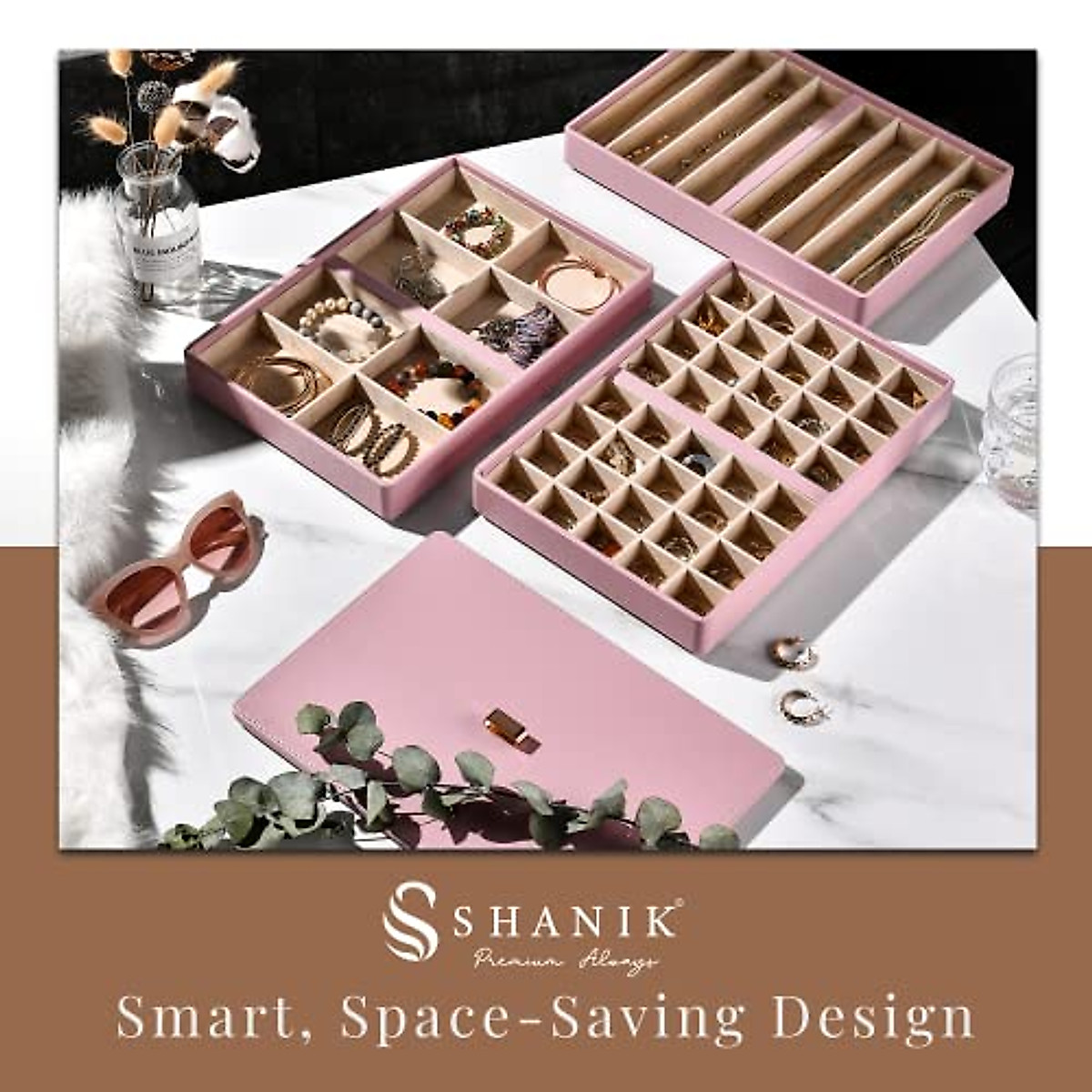 Shanik Stackable Large Jewelry Tray Organizers, 3 Pc. Set, Cute Designer Storage with Soft Velvet Surfaces to Protect Rings, Necklaces, Bands, and Earrings, Custom Display, Large Capacity, Pink