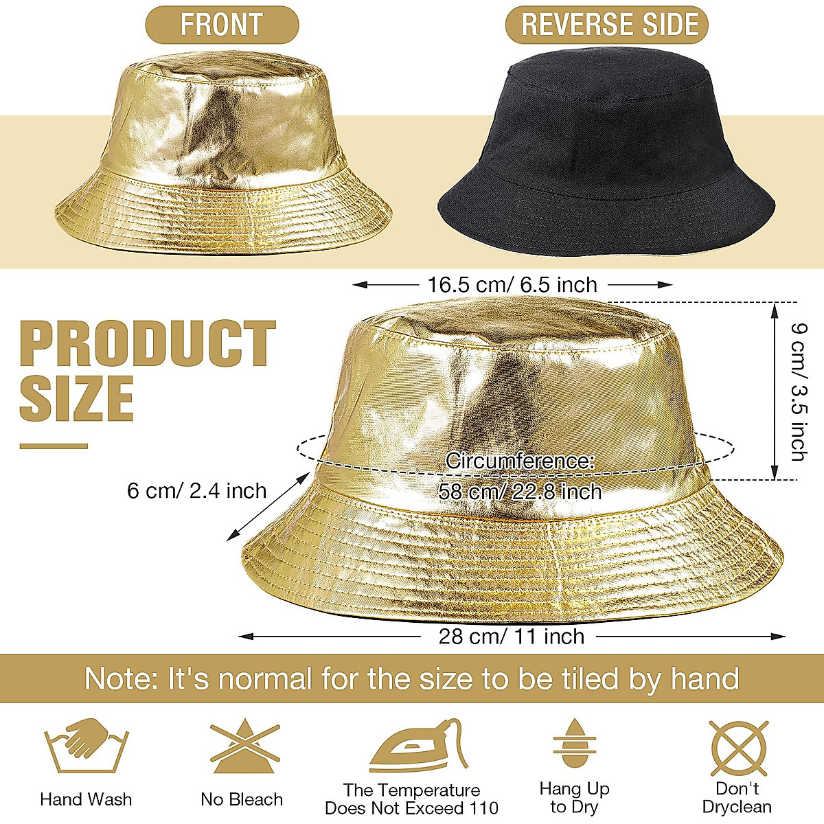 SATINIOR 2 Pcs Metallic Bucket Hat Unisex Trendy Fisherman Hat Reversible Foldable Packable Cap Double Side Hat Hip Hop for Men Women Teen (Gold)