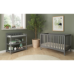 Child Craft Flat Top Infant Changing Table, Water-Resistant Pad and Safety Strap, Anti-Tip Kit Included to Prevent Tipping, Non-Toxic, Baby Safe Finish (Cool Gray)