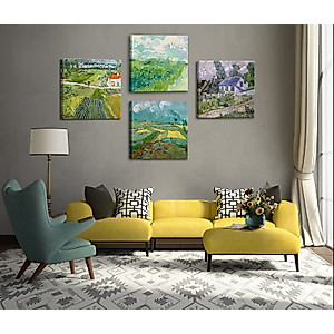 Landscape with a Carriage by Vincent Van Gogh Classic Oil Paintings Artwork, Green Wheat Fields, Houses at Auvers Canvas Wall Art Print for Living Room, Bedroom Office Bathroom Decor - 12"x12"