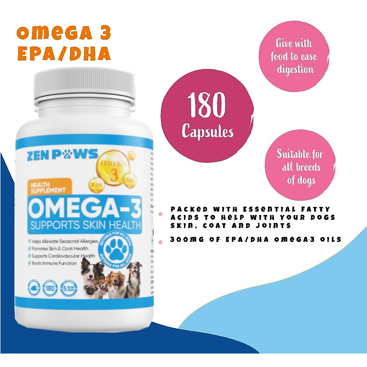 Omega 3 Fish Oil for Dogs - 180 Count Tablet Treats – Helps Shedding, Skin Allergy, Itch and Dry Skin Relief, Hot Spots - Joint Health - Skin and Coat Supplement - Salmon Oil - Duck Flavor