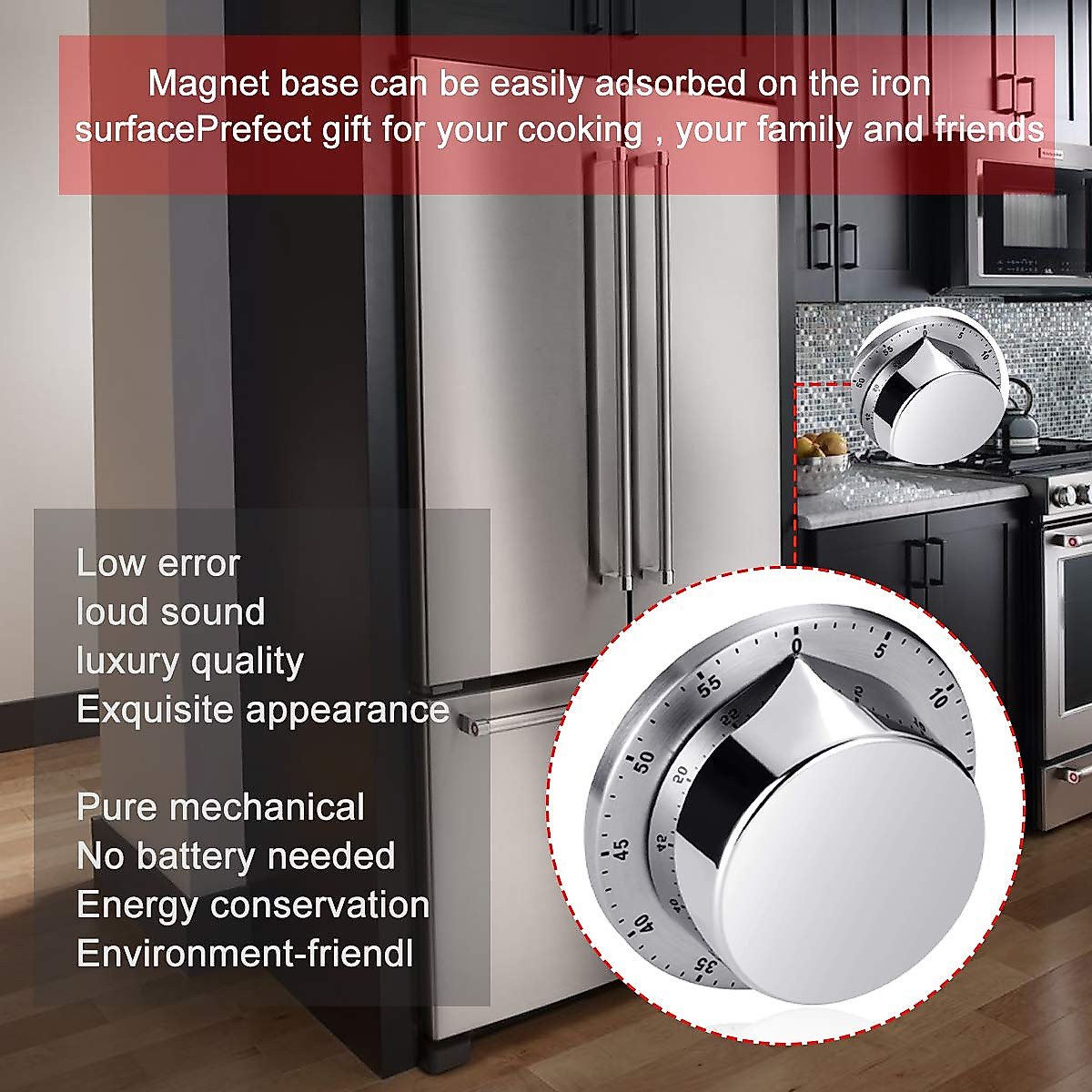 Kitchen Timer，Magnetic Kitchen Timer Kitchen Cooking Timer Clock with Bell Alarm Clock,No Battery Needed,100% Mechanical-Magnetic Backing, Exquisite Stainless Steel Body, Countdown Reminder, (Round)