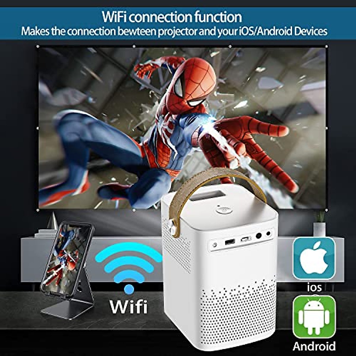 Laptop Projector WiFi Computer Projector Portable Video Outdoor Home Cinema HDMI 1080P/4K Support 8000L 120" Compatible with Smartphone Stick/PS4/USB/Tablet/Laptop/PC EXCEL PPT iOS Android V2-White