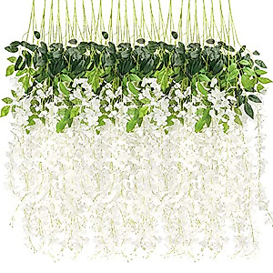 CEWOR 24pcs Wisteria Hanging Flowers 3.7 Ft Artificial Flowers Wisteria Vine Fake Flowers Hanging Garland Silk Flowers String for Wedding Party Garden Outdoor Greenery Home Wall Decoration (White)