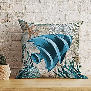 French Retro Ocean Animal Teal Blue Fish Throw Pillow Cushion with Zippe Nautical Sofa Pillow Blue Sea Turtle Rustic Pillow Sham for Living Room Bedroom White Linen 22x22in Housewarming Gift