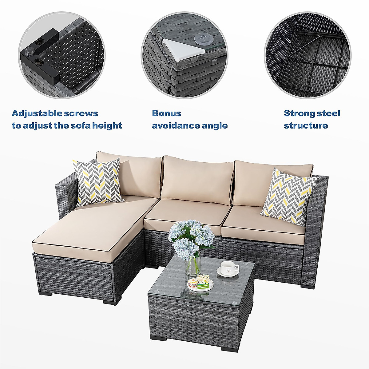 JAMFLY Outdoor Patio Furniture Sets, All-Weather Rattan Outdoor Sectional Sofa with Tea Table and Cushions Upgrade Wicker Patio sectional Sets 3-Piece (Khaki)