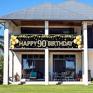 90th Birthday Banner Decorations for Women Men, Black Gold Happy 90 Year Old Birthday Sign Party Supplies, Ninety Birthday Photo Booth Props Decor(9.8 X 1.6ft)