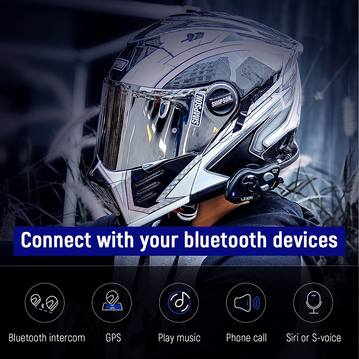 LEXIN 2pcs LX-FT4 Pro 4-Way Motorcycle Bluetooth Headset Featuring Integrated Headlamp with SoS Mode, Amazing Audio, Helmet Intercom Communication System with Type-C Quick Charge for Snowmobile/ATV