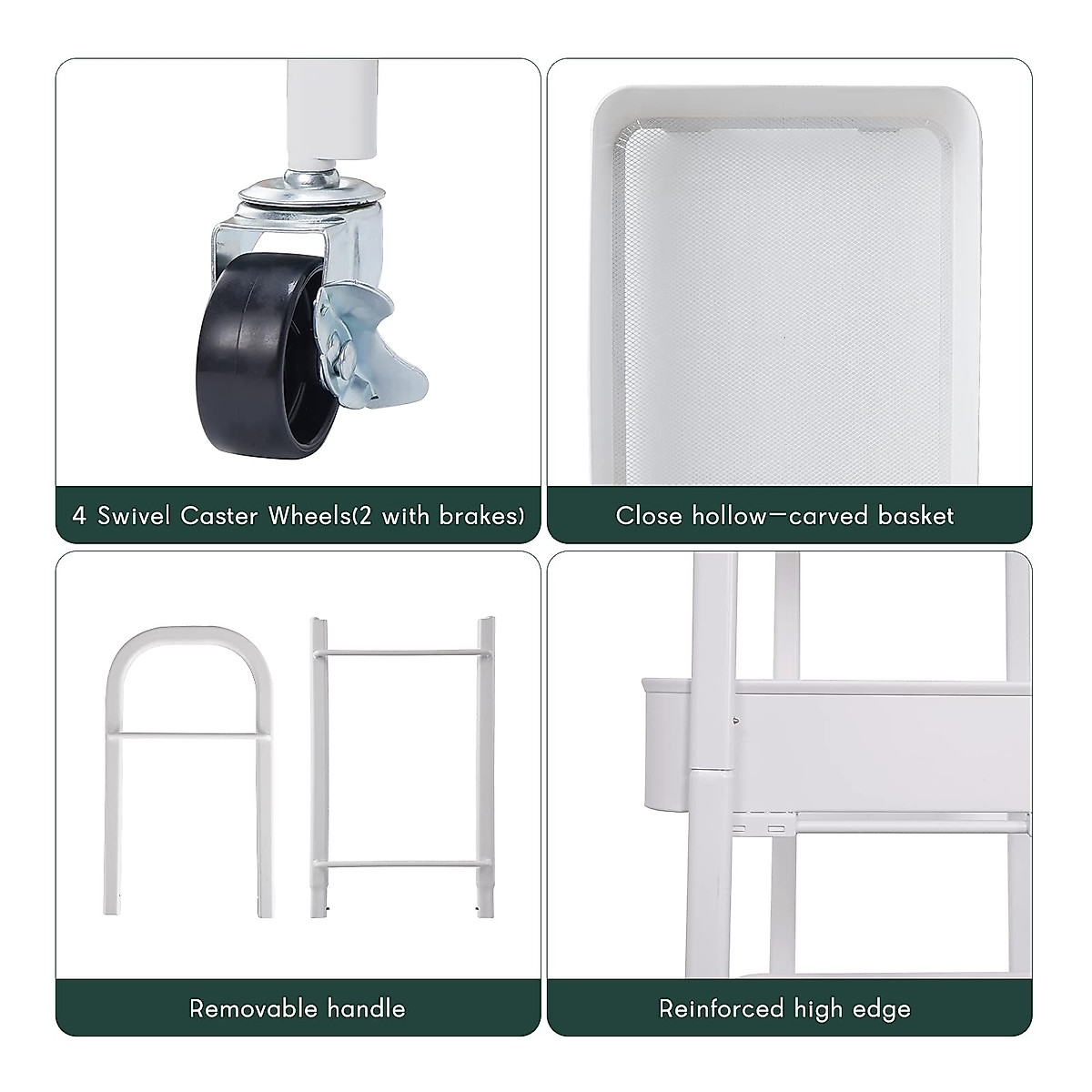 3 Tier Rolling Cart, No Screw Metal Utility Cart, Three Tier Rolling Storage Cart, Rolling Utility Carts with Lockable Wheels Heavy Duty Multifunctional Kitchen Bathroom Organizer Storage Cart, White