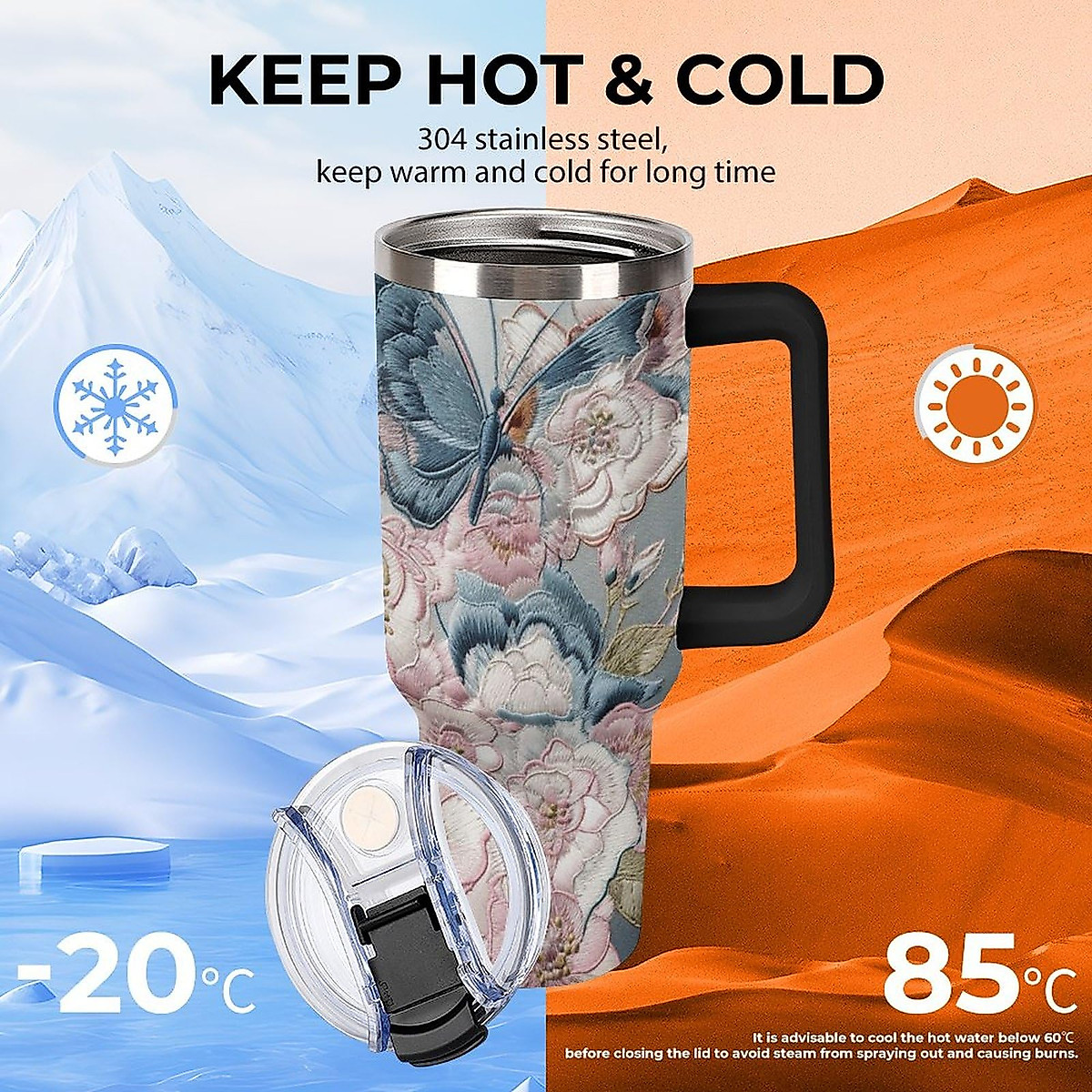 YTLKGFP 40 Oz Large Capacity Car Cup Beautiful Butterfly Pattern Tumbler with Handle (Black) Straw Lid Insulated Stainless Steel Water Bottle Travel Mug Leak-proof Car Cup Keeps Cold Or Hot